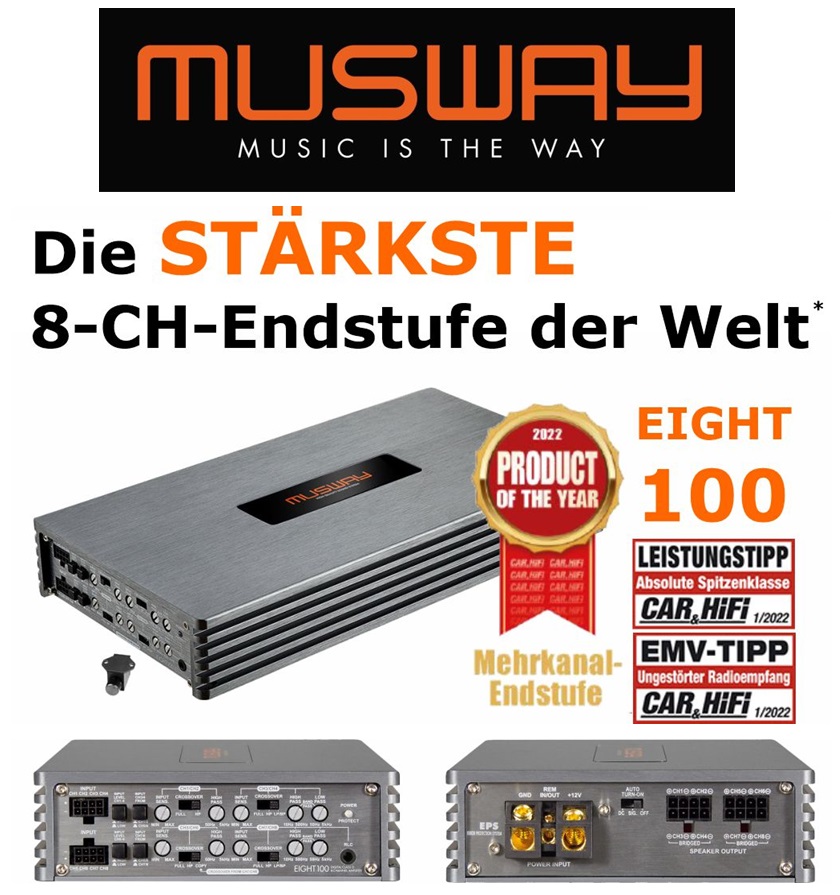 MUSWAY EIGHT100 Digitaler 8-Kanal CLASS D V Verstärker 1440 WATT RMS inklusive Bass-Remote